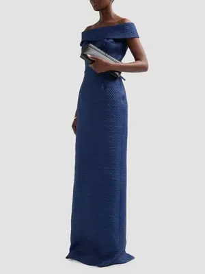 Rickie Freeman For Teri Jon Basket Weave Jacquard Off-the-shoulder Column Gown