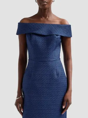 Rickie Freeman For Teri Jon Basket Weave Jacquard Off-the-shoulder Column Gown