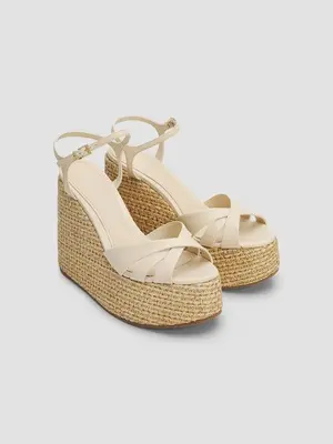 Schutz Keefa 120mm Leather-raffia Wedge Sandals - Egg Shell