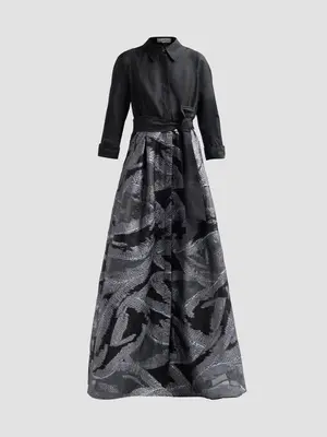 Rickie Freeman For Teri Jon Metallic Organza Taffeta Shirtwaist Gown - Black Pew