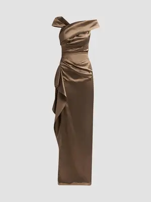 Rickie Freeman For Teri Jon Draped Woven Taffeta Column Gown - Bronze