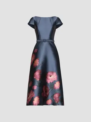 KAY UNGER Ina Mikado Poppy Tea-length Cocktail Dress