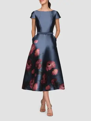 KAY UNGER Ina Mikado Poppy Tea-length Cocktail Dress
