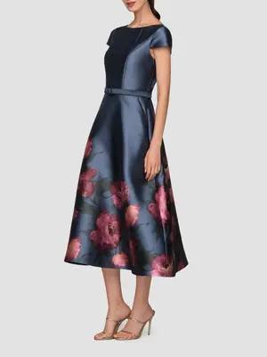 KAY UNGER Ina Mikado Poppy Tea-length Cocktail Dress