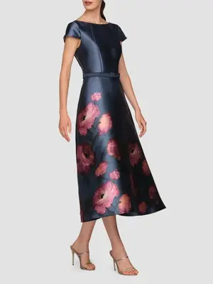 KAY UNGER Ina Mikado Poppy Tea-length Cocktail Dress