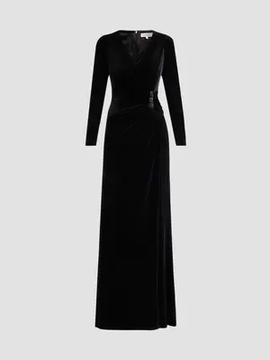 Rickie Freeman For Teri Jon Velvet Beaded Accent A-line Gown - Black