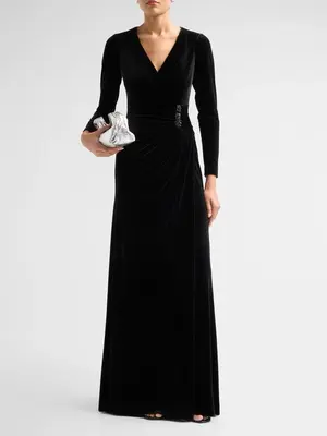 Rickie Freeman For Teri Jon Velvet Beaded Accent A-line Gown - Black