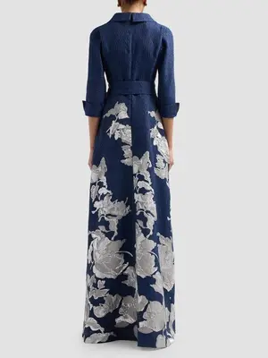 Rickie Freeman For Teri Jon Textured Metallic Floral Jacquard Gown