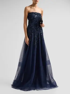 Rickie Freeman For Teri Jon Floral-embellished Tulle Strapless Gown