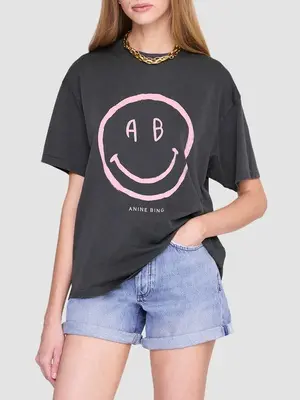ANINE BING Cade Cotton Smiley Print T-shirt - Grey