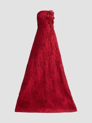 Rickie Freeman For Teri Jon Strapless Floral Jacquard A-line Gown - Red