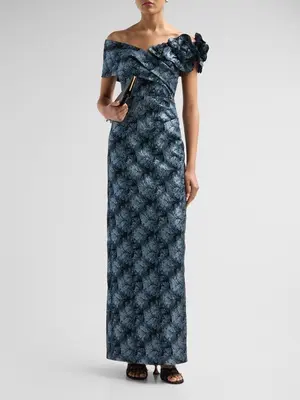 Rickie Freeman For Teri Jon 3d Floral Metallic Jacquard Columnn Gown