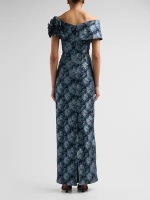Rickie Freeman For Teri Jon 3d Floral Metallic Jacquard Columnn Gown