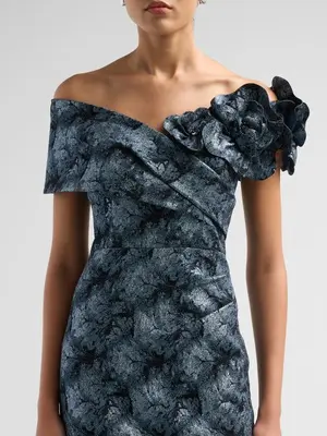 Rickie Freeman For Teri Jon 3d Floral Metallic Jacquard Columnn Gown