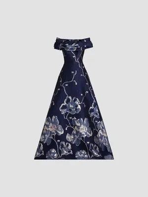 Rickie Freeman For Teri Jon Floral Jacquard Off-the-shoulder A-line Gown - Navy Multi