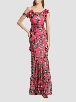 Saloni Seema Floral Asymmetric Ruffle Gown