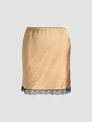 DH New York Candice Satin Lace-hem Miniskirt - Camel Combo
