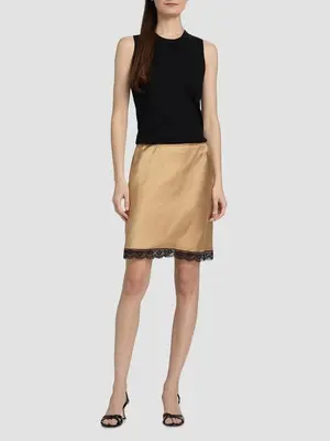 DH New York Candice Satin Lace-hem Miniskirt - Camel Combo