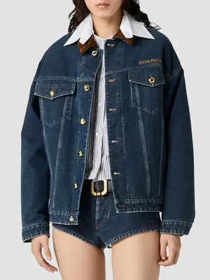 Miu Miu Flocked Denim And Velvet Blouson Jacket - Blue