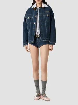 Miu Miu Flocked Denim And Velvet Blouson Jacket - Blue