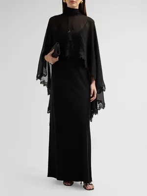 Kobi Halperin Car Satin A-line Cape Maxi Dress - Black