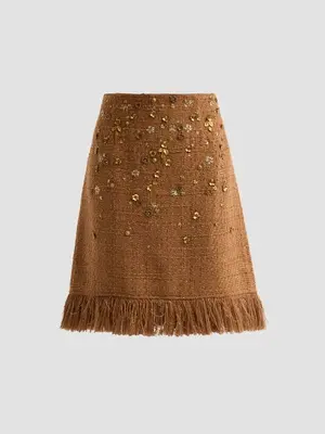 Kobi Halperin Marisa Embellished Tweed Knee-length Skirt - Saddle