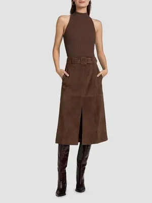 Veronica Beard Alexie Belted Suede A-line Skirt - Mocha
