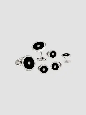JAN LESLIE Round Sterling Silver Onyx & 0.50 Tcw Diamond Cufflinks & Tuxedo Stud Set