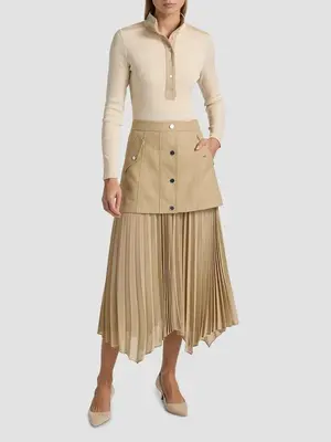 Veronica Beard Patricka Mixed Media Pleated Midi-skirt - Sand
