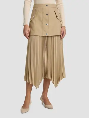 Veronica Beard Patricka Mixed Media Pleated Midi-skirt - Sand