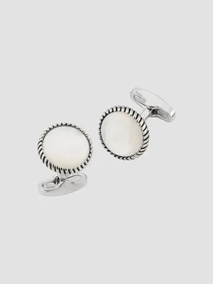 LINK UP Round Mother Of Pearl Rope Border Cufflinks - White
