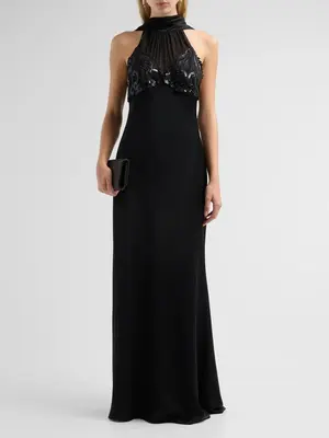 UNGARO Evie Sequined Halterneck Gown - Black