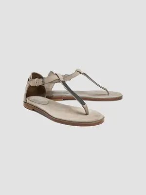 Brunello Cucinelli Beaded Suede T-strap Sandals