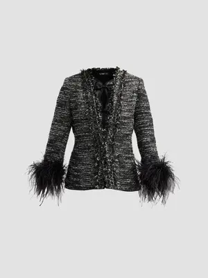 UNGARO Adley Ostrich Feather-trim Tweed Jacket - Black Multi