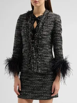 UNGARO Adley Ostrich Feather-trim Tweed Jacket