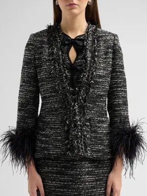 UNGARO Adley Ostrich Feather-trim Tweed Jacket