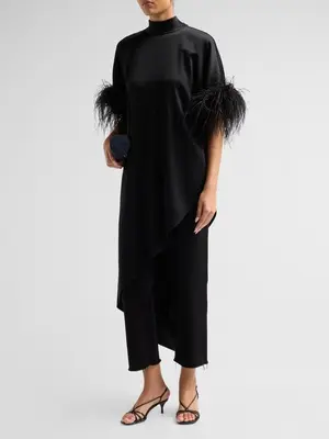 UNGARO Kenzie Feather-trimmed Satin Blouse