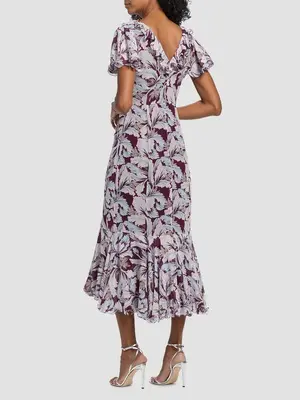 Cinq À Sept Lyra Tulip-print Ruffled Midi-dress - Deep Plum Multi