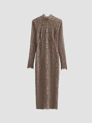 Lela Rose Chenille Lace Long-sleeve Midi-dress