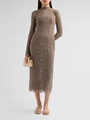 Lela Rose Chenille Lace Long-sleeve Midi-dress