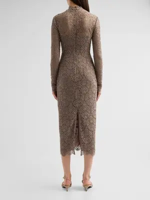 Lela Rose Chenille Lace Long-sleeve Midi-dress