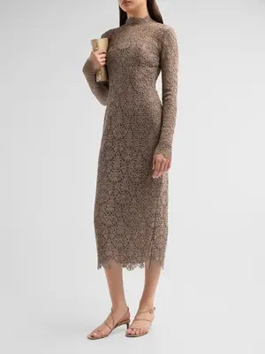 Lela Rose Chenille Lace Long-sleeve Midi-dress