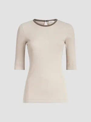Brunello Cucinelli Stretch Cotton Ribbed Jersey Top With Shiny Trim - Buff
