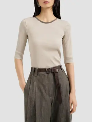 Brunello Cucinelli Stretch Cotton Ribbed Jersey Top With Shiny Trim