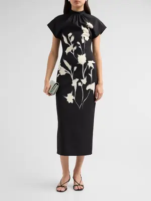 Lela Rose Stella Floral Crepe Midi-dress