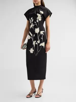 Lela Rose Stella Floral Crepe Midi-dress