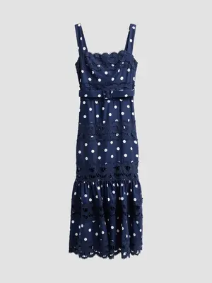 SELF-PORTRAIT Polka Dot Linen & Lace Midi Dress - Navy