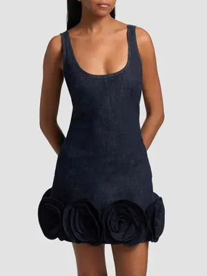 SELF-PORTRAIT Flower Appliqué Denim Minidress
