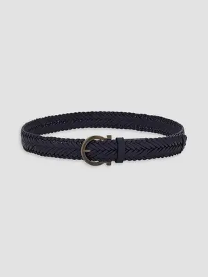FERRAGAMO Testa Di Woven Leather Belt - Navy