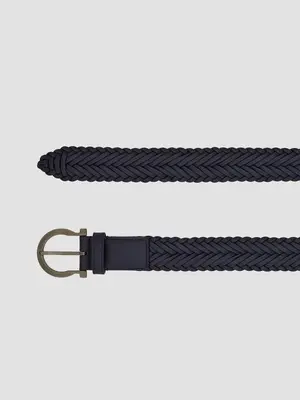 FERRAGAMO Testa Di Woven Leather Belt - Navy